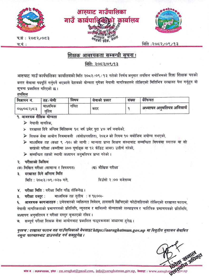 Math Teacher Jobs In Nepal | Aarughat Gaunpalika